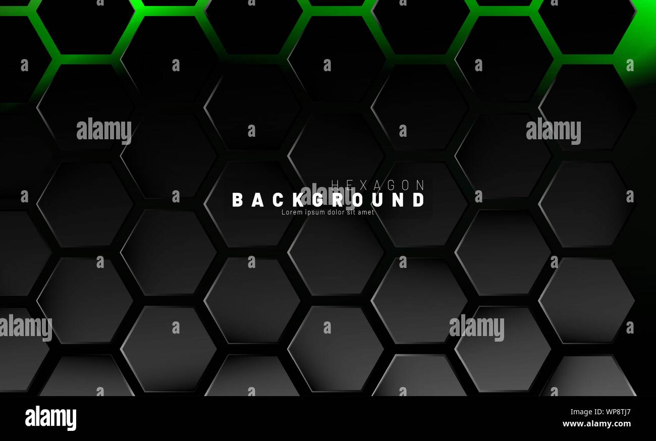 Abstract black hexagon pattern on green neon background technology style. Honeycomb. Vector ...