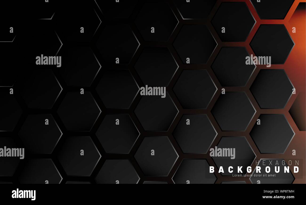 Abstract black hexagon pattern on neon gradient orange background technology style. Honeycomb ...