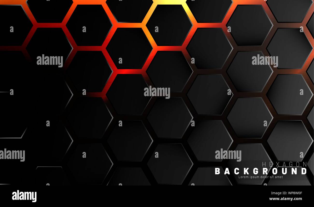Abstract black hexagon pattern on neon gradient orange background technology style. Honeycomb ...