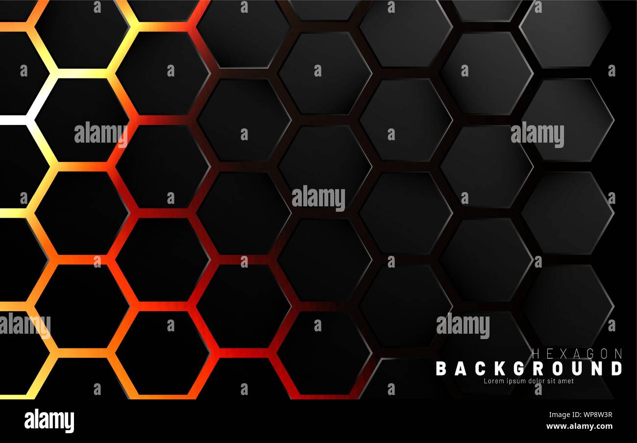 Abstract black hexagon pattern on neon gradient orange background ...