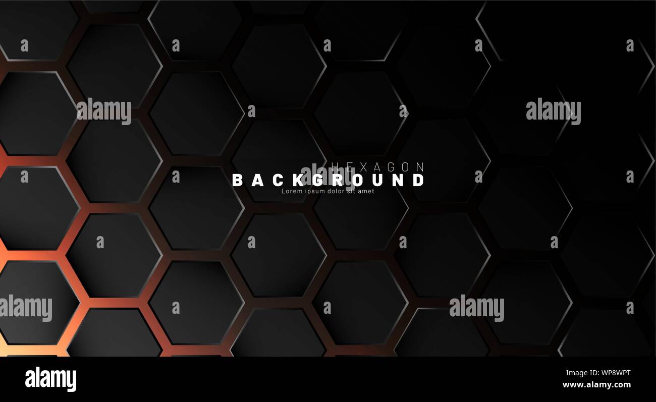 Abstract black hexagon pattern on neon gradient orange background technology style. Honeycomb ...