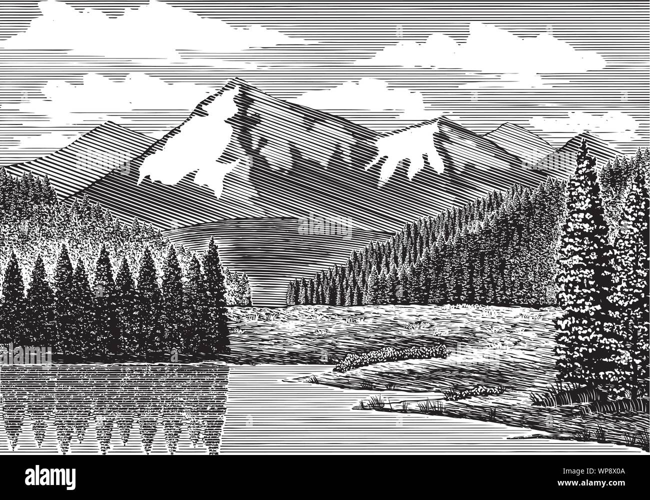 Woodcut-style illustration of a river with a mountain in the background ...