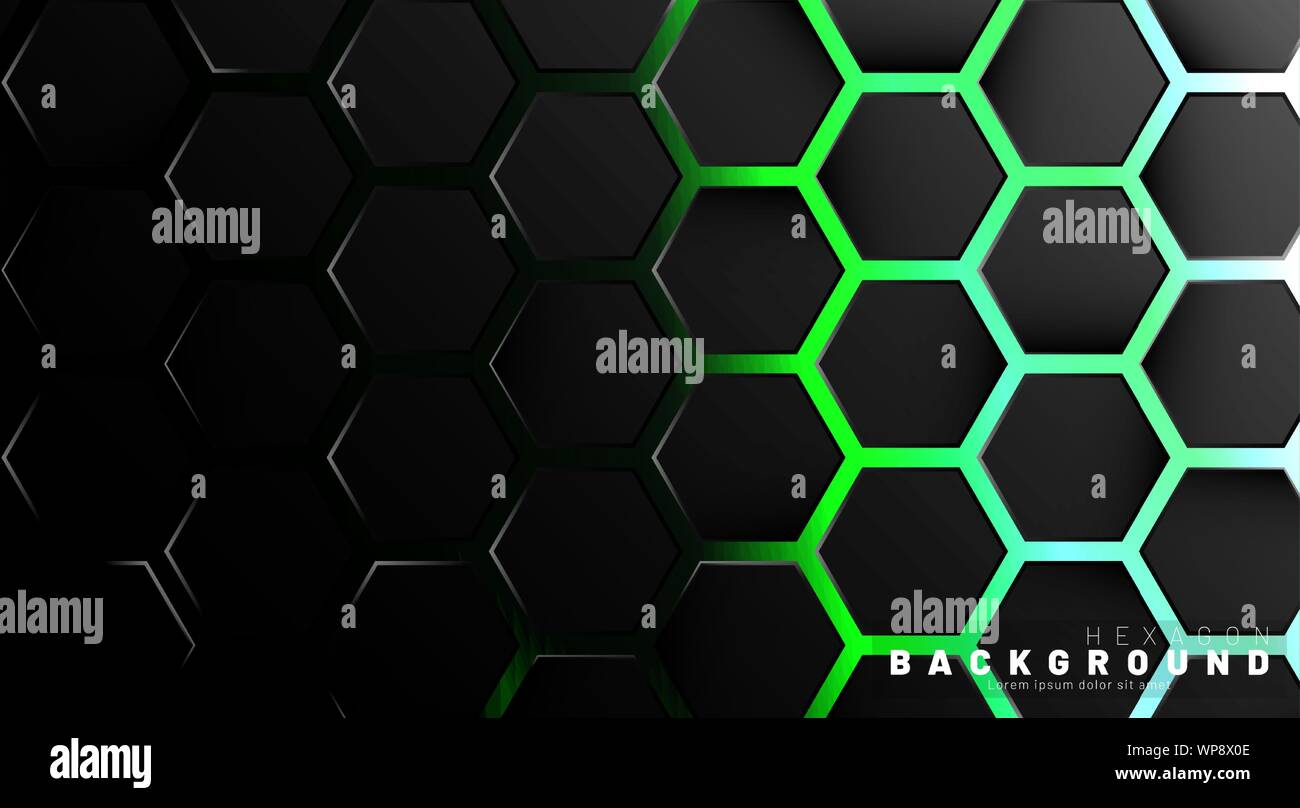 Abstract black hexagon pattern on green neon background technology style. Honeycomb. Vector ...