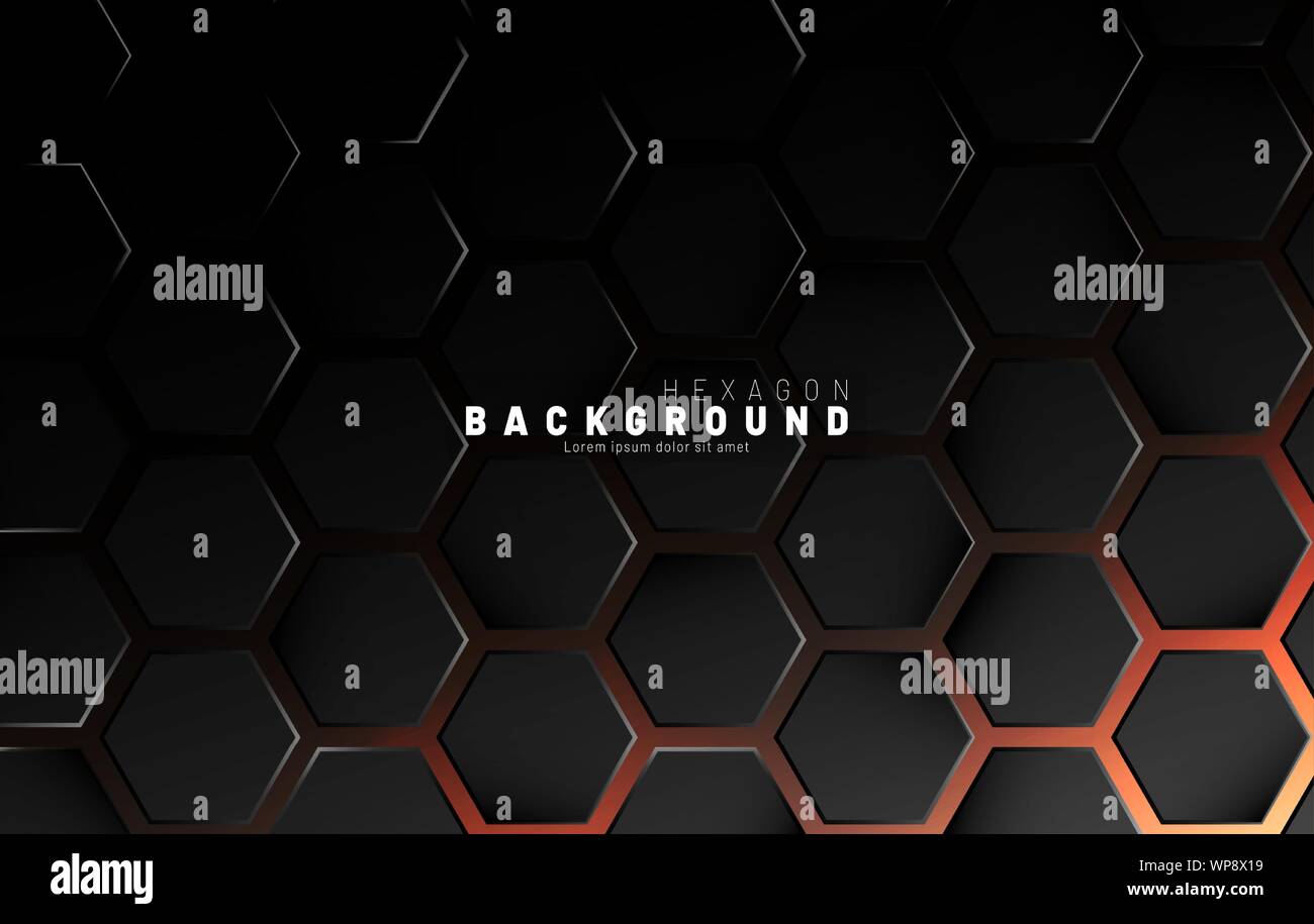 Abstract black hexagon pattern on neon gradient orange background technology style. Honeycomb ...