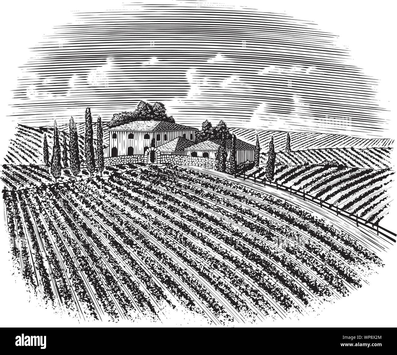 Woodcut illustration of an old Italian Vineyard with a road leading ...