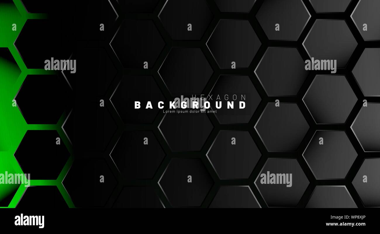 Abstract black hexagon pattern on green neon background technology style. Honeycomb. Vector ...