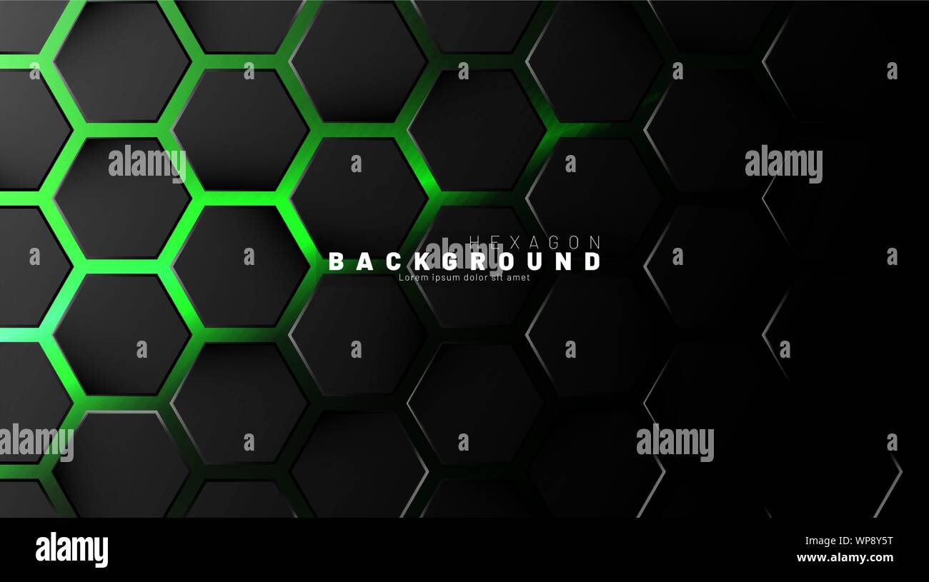 Abstract black hexagon pattern on green neon background technology style. Honeycomb. Vector ...