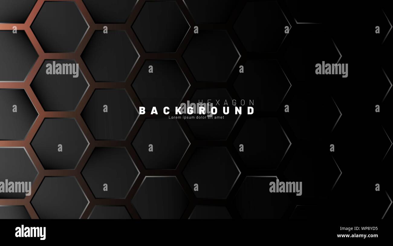 Abstract black hexagon pattern on neon gradient orange background technology style. Honeycomb ...