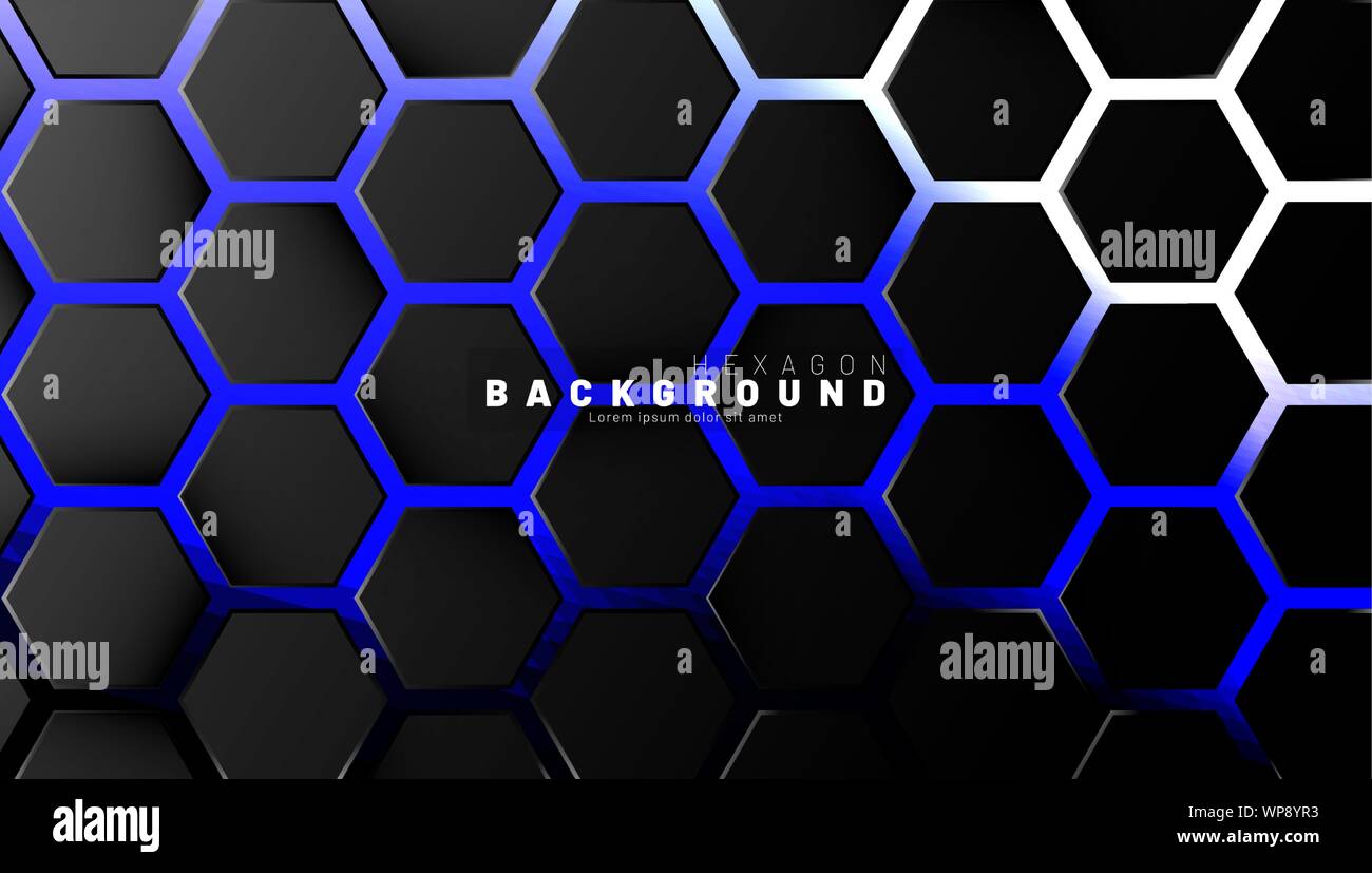 Abstract black hexagon pattern on blue neon background technology style. Honeycomb. Vector ...
