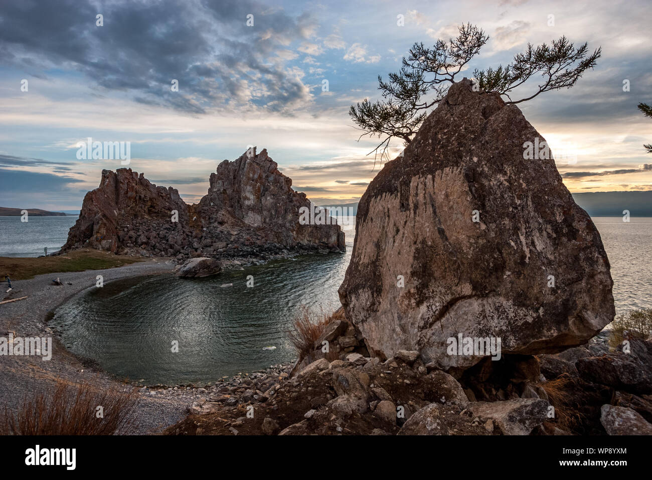 Unusual view of the Shamanka rock on the island of Olkhon from a large ...