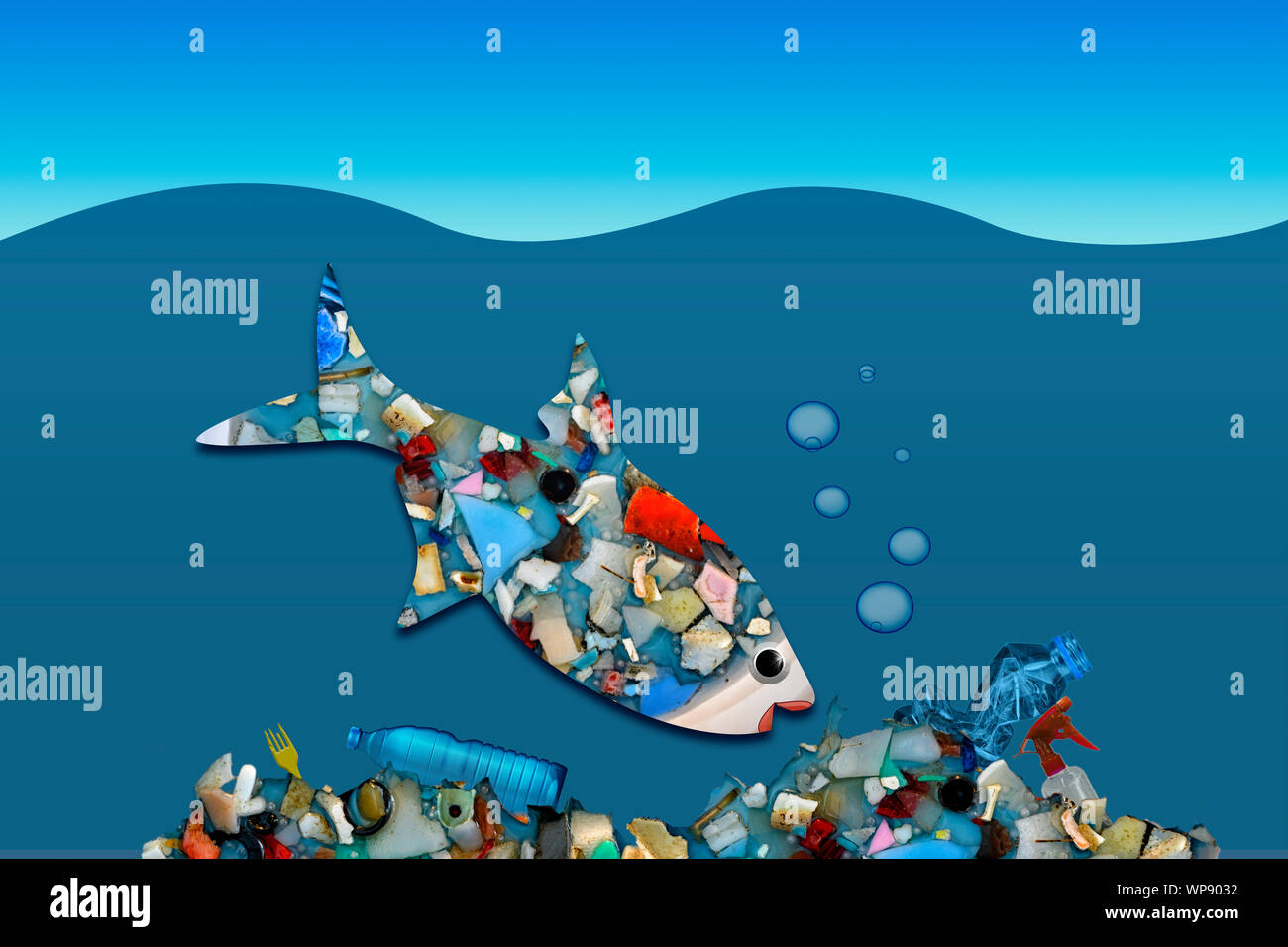 Plastic waste particles in the ocean. with fish that has eaten the ...