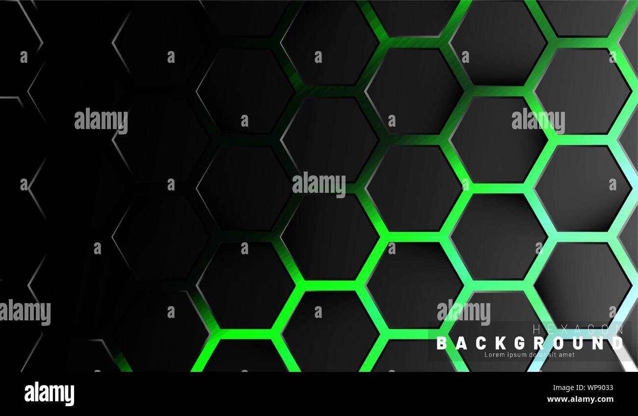 Abstract black hexagon pattern on green neon background technology style. Honeycomb. Vector ...