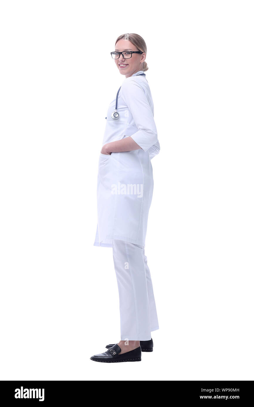 side view. competent woman doctor with stethoscope. isolated on white ...