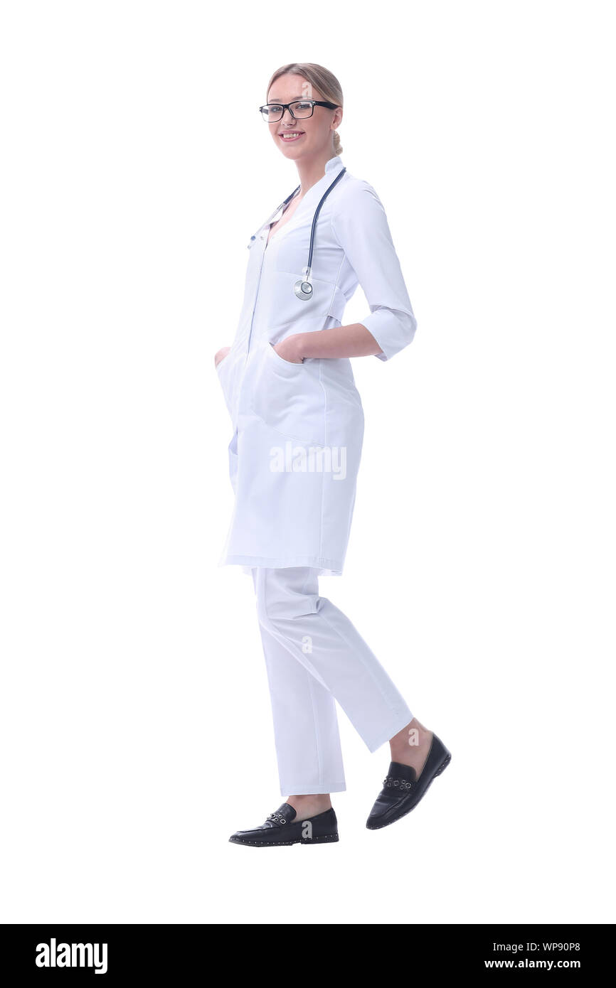 side view. competent woman doctor with stethoscope. isolated on white ...