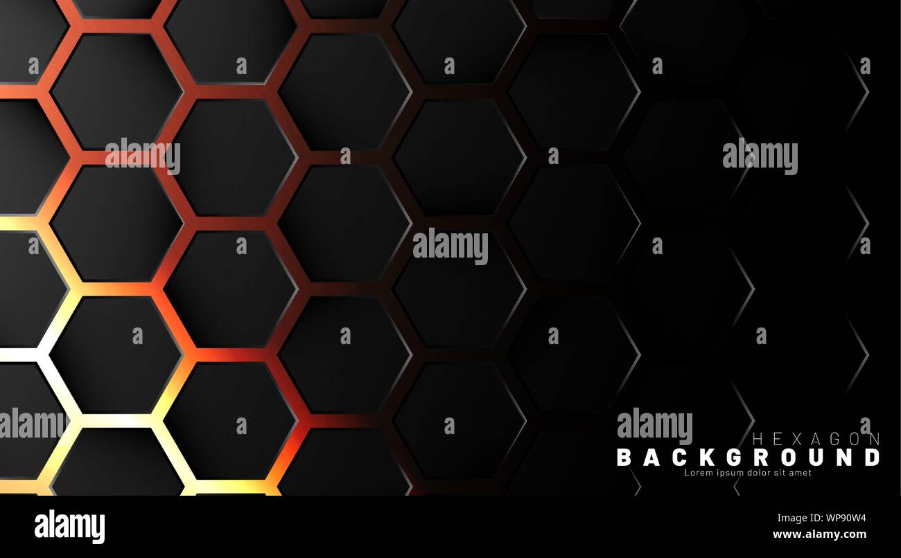 Abstract black hexagon pattern on neon gradient orange background technology style. Honeycomb ...