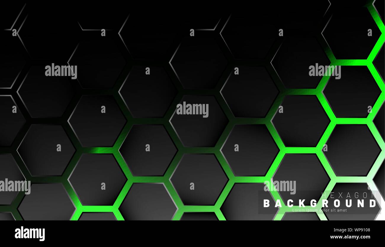 Abstract black hexagon pattern on green neon background technology style. Honeycomb. Vector ...