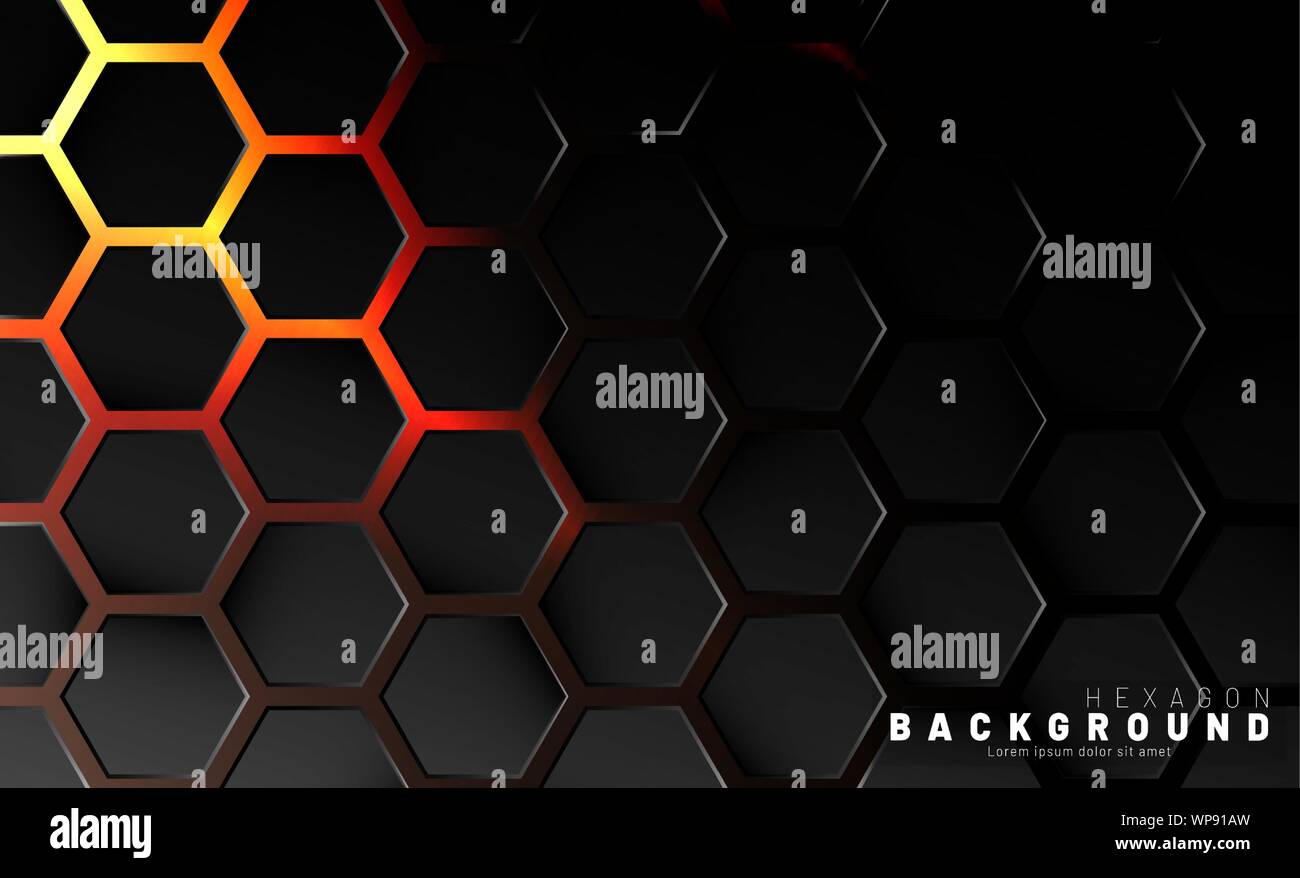Abstract black hexagon pattern on neon gradient orange background technology style. Honeycomb ...