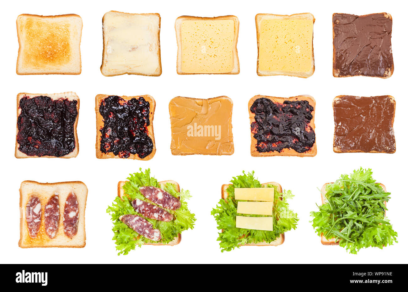 various open sandwiches on toasted bread isolated on white background ...