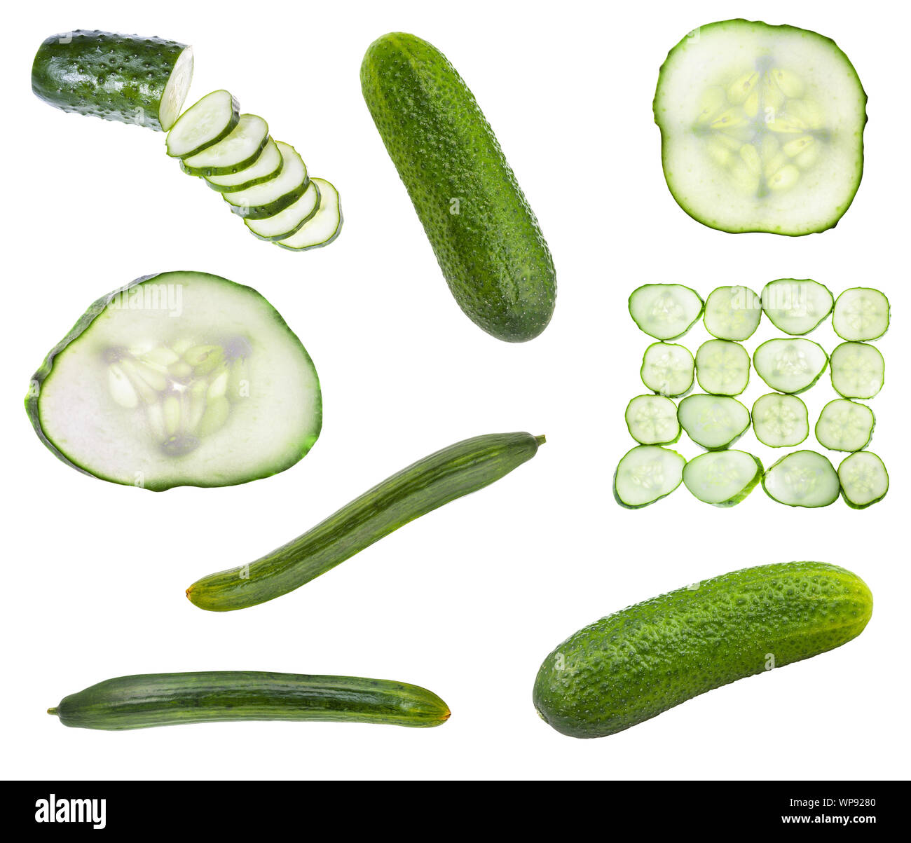 various sliced and whole raw cucumbers isolated on white background ...