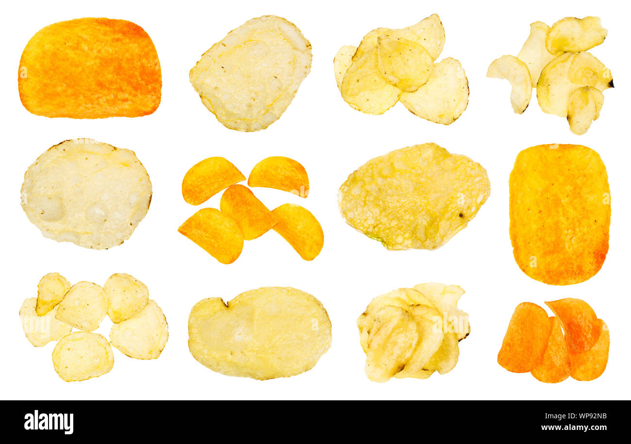 various potato chips isolated on white background Stock Photo - Alamy