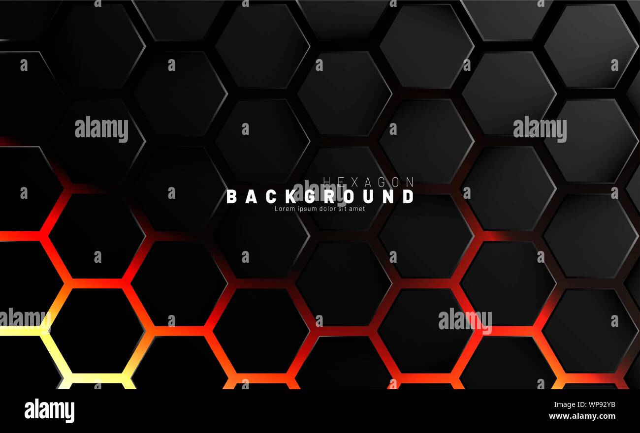 Abstract black hexagon pattern on neon gradient orange background technology style. Honeycomb ...