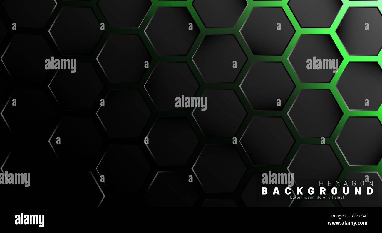 Abstract black hexagon pattern on green neon background technology style. Honeycomb. Vector ...