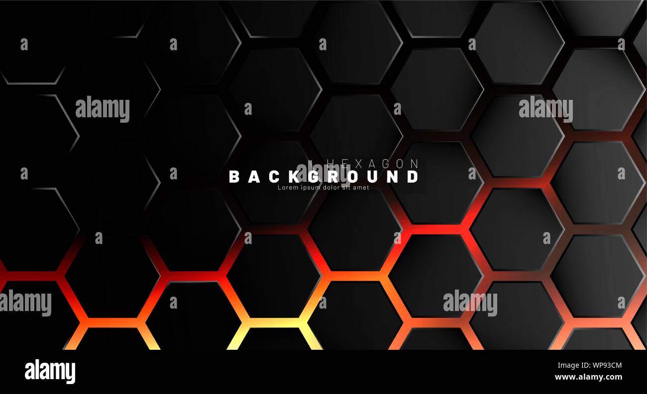 Abstract black hexagon pattern on neon gradient orange background technology style. Honeycomb ...