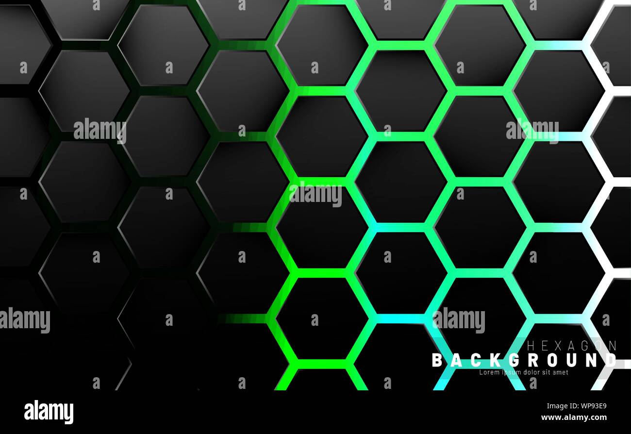 Abstract black hexagon pattern on green neon background technology style. Honeycomb. Vector ...