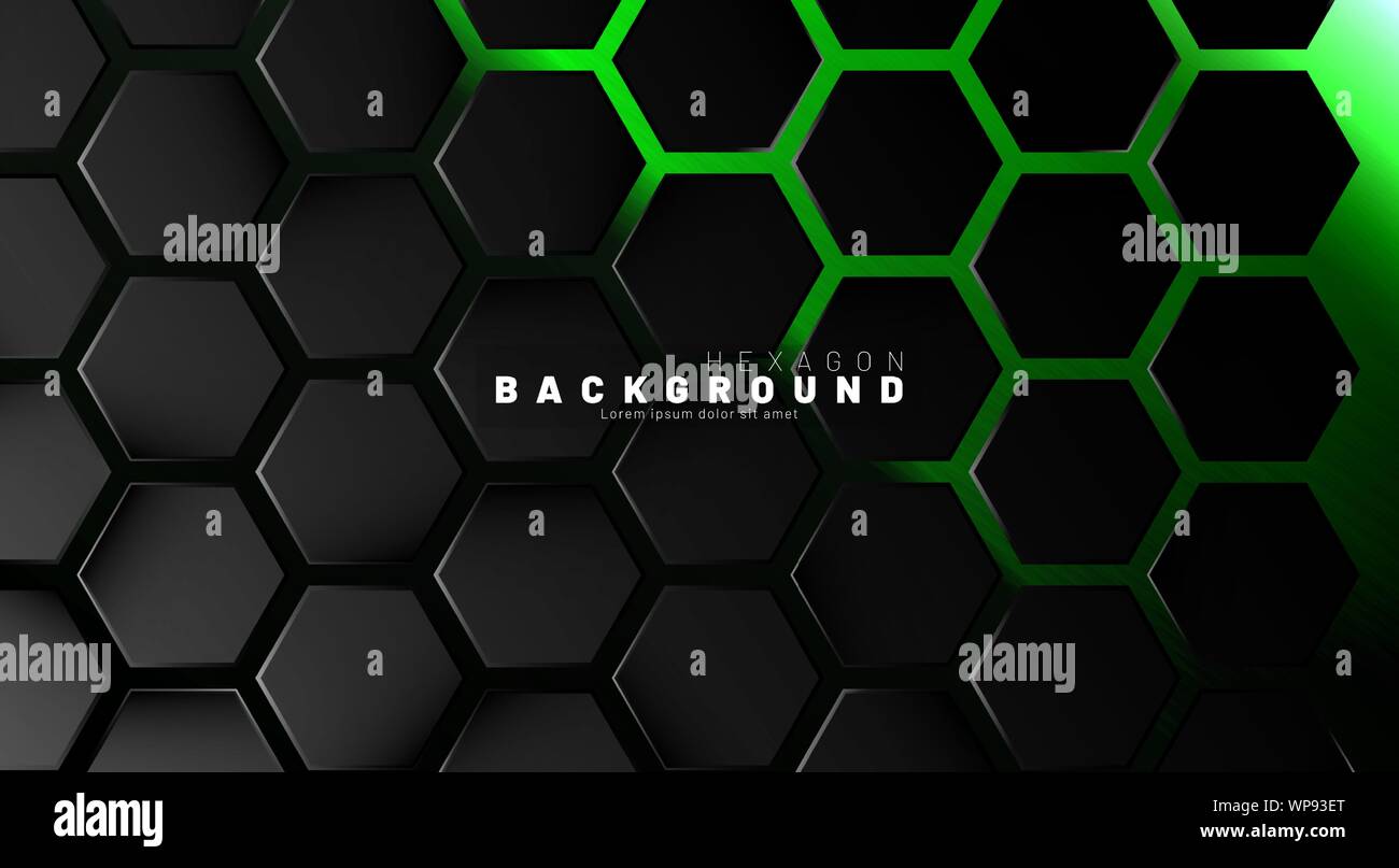 Abstract black hexagon pattern on green neon background technology style. Honeycomb. Vector ...