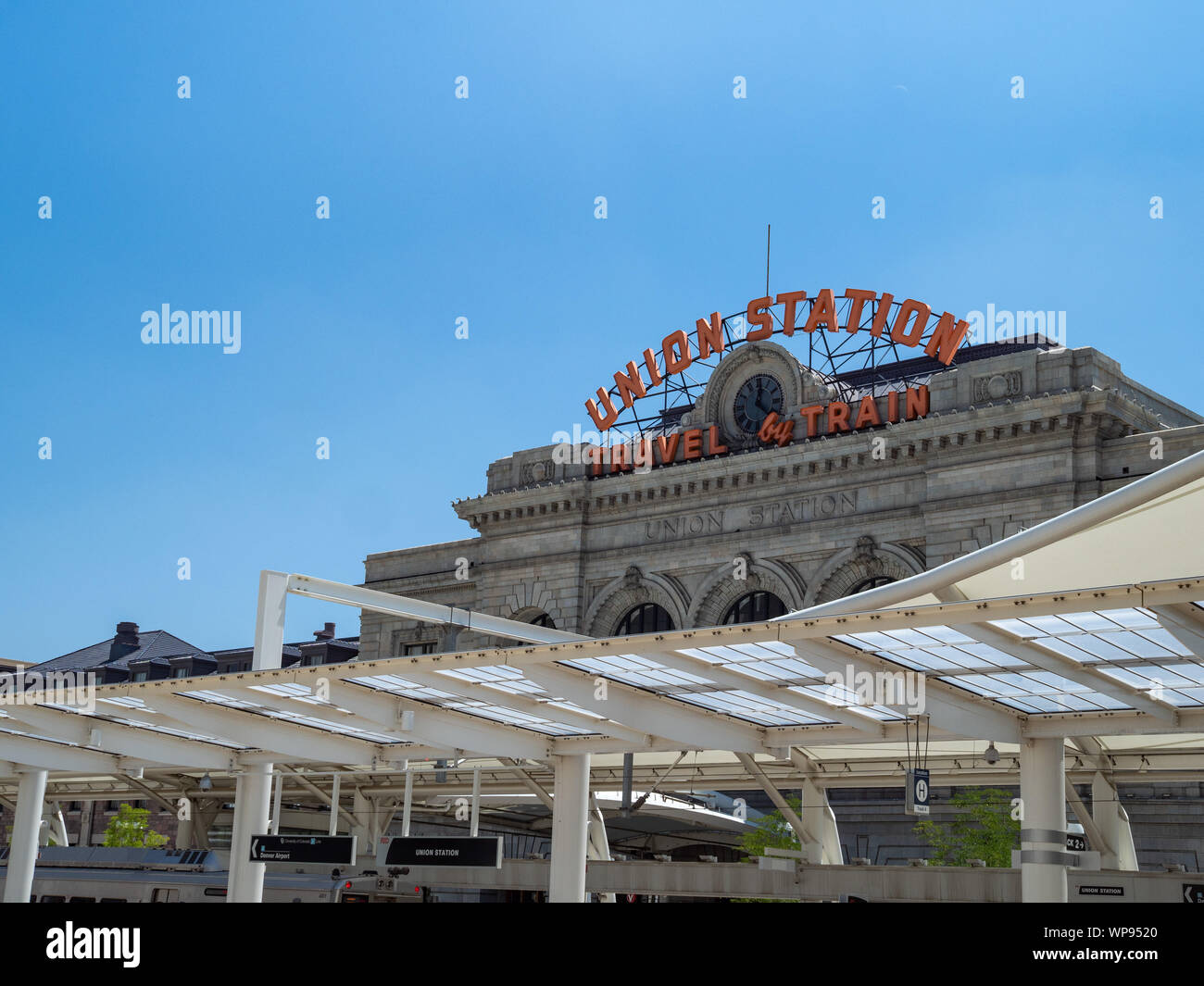 Denver Union Station historic station entrance sign on top of terminal ...