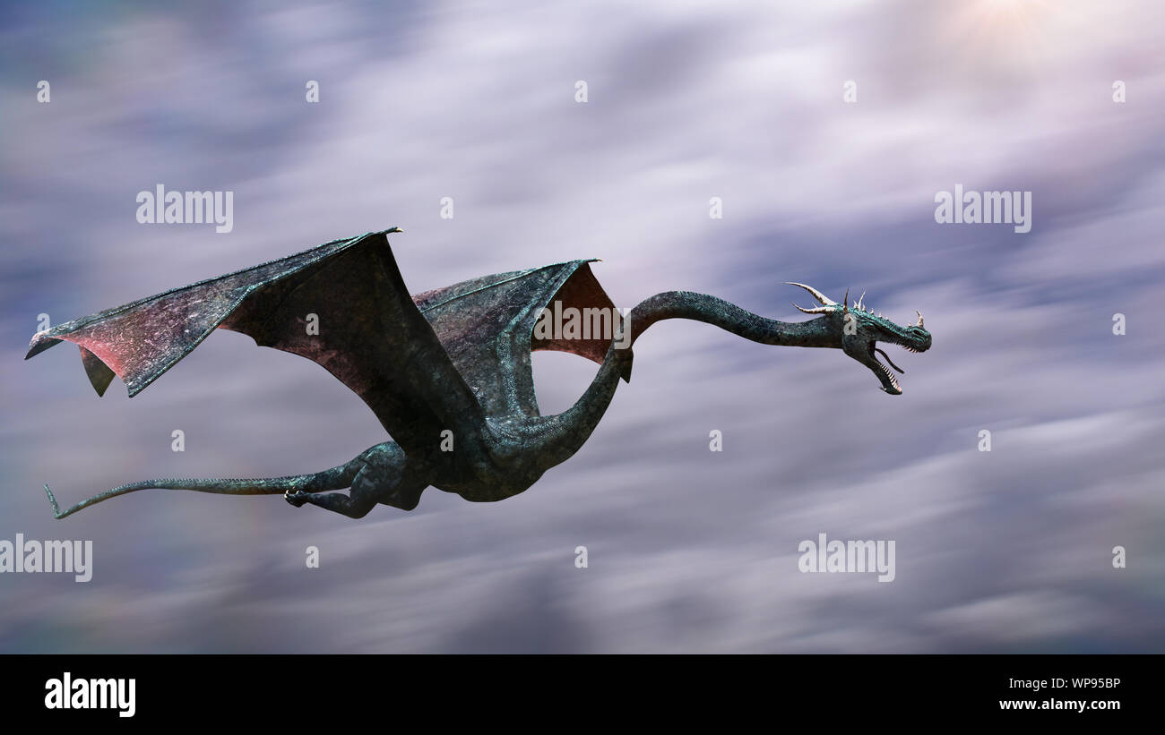 dragon, winged green creature is flying fast Stock Photo - Alamy