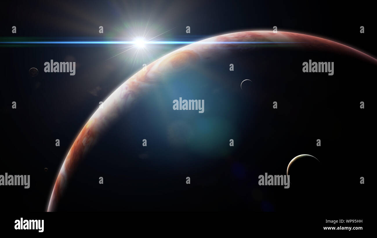 planet Jupiter with moons in front of the Sun Stock Photo - Alamy