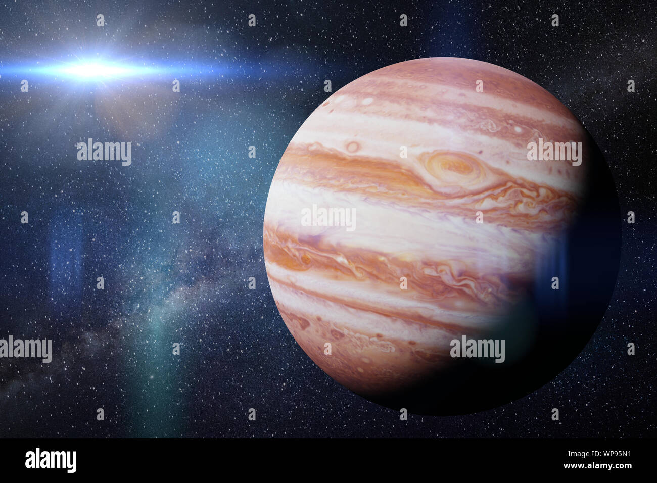 planet Jupiter in front of the Milky Way galaxy and the Sun Stock Photo ...