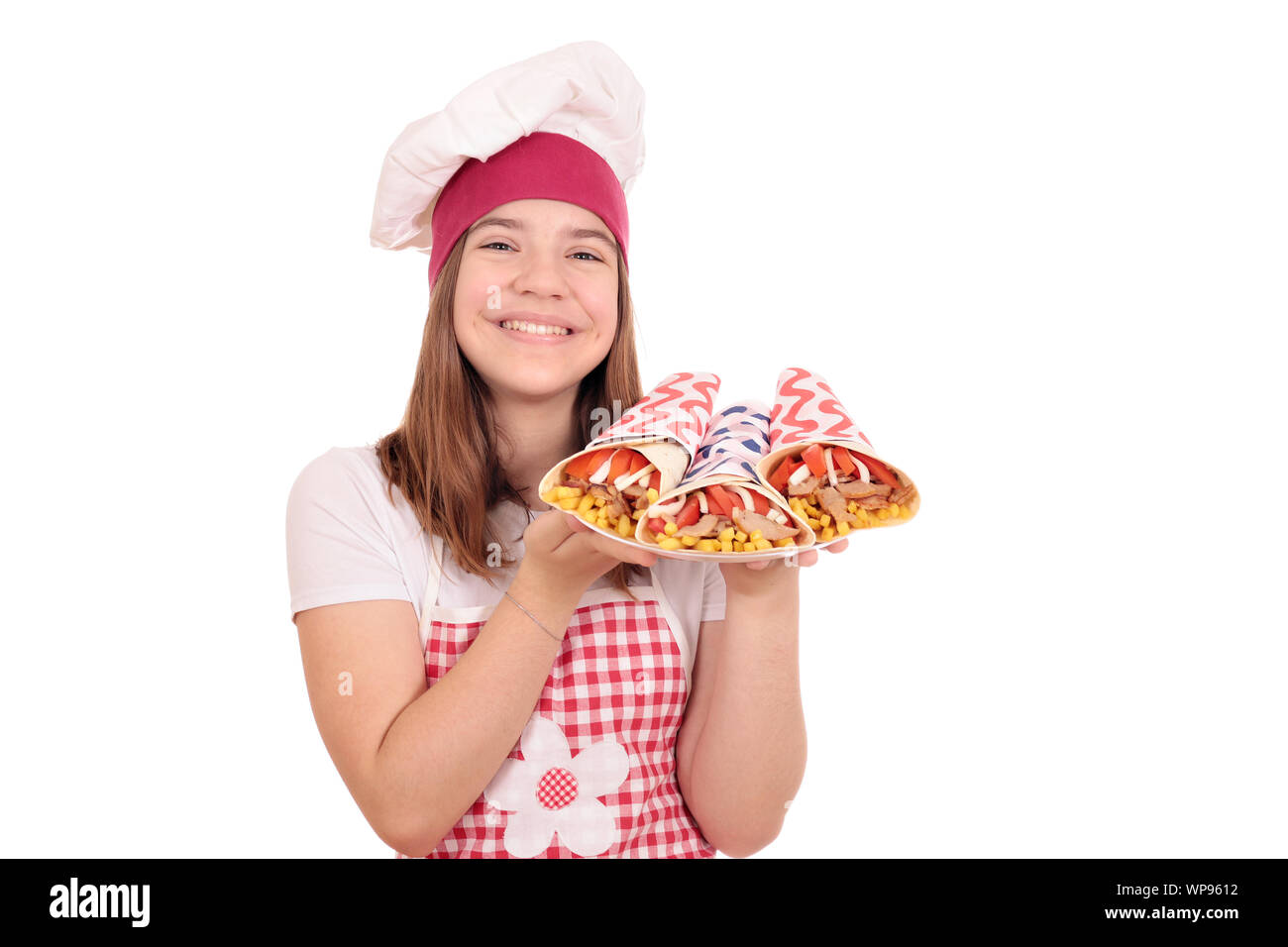 happy girl cook with gyros fast food on plate Stock Photo - Alamy