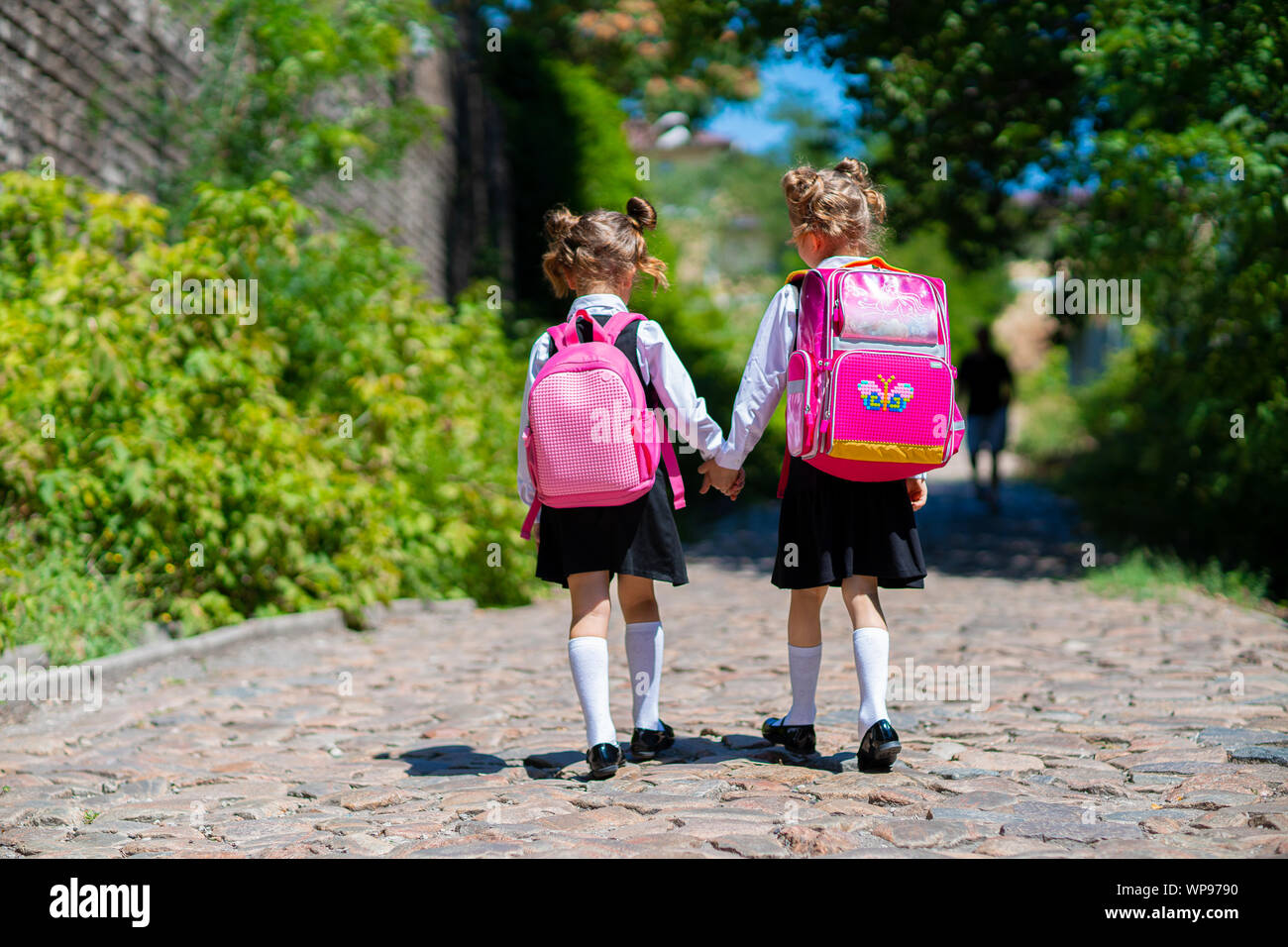 Back view of a two school girls wearing backpack outside the primary ...