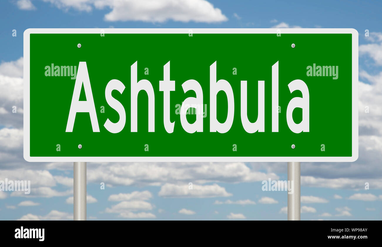 Rendering of a green highway sign for Ashtabula Ohio Stock Photo - Alamy
