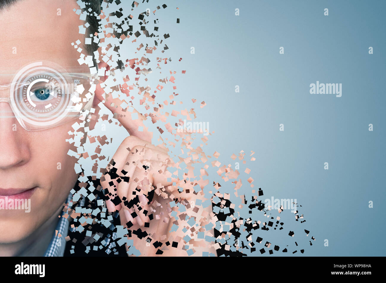 A man in augmented reality glasses with a head up display. Digital ...