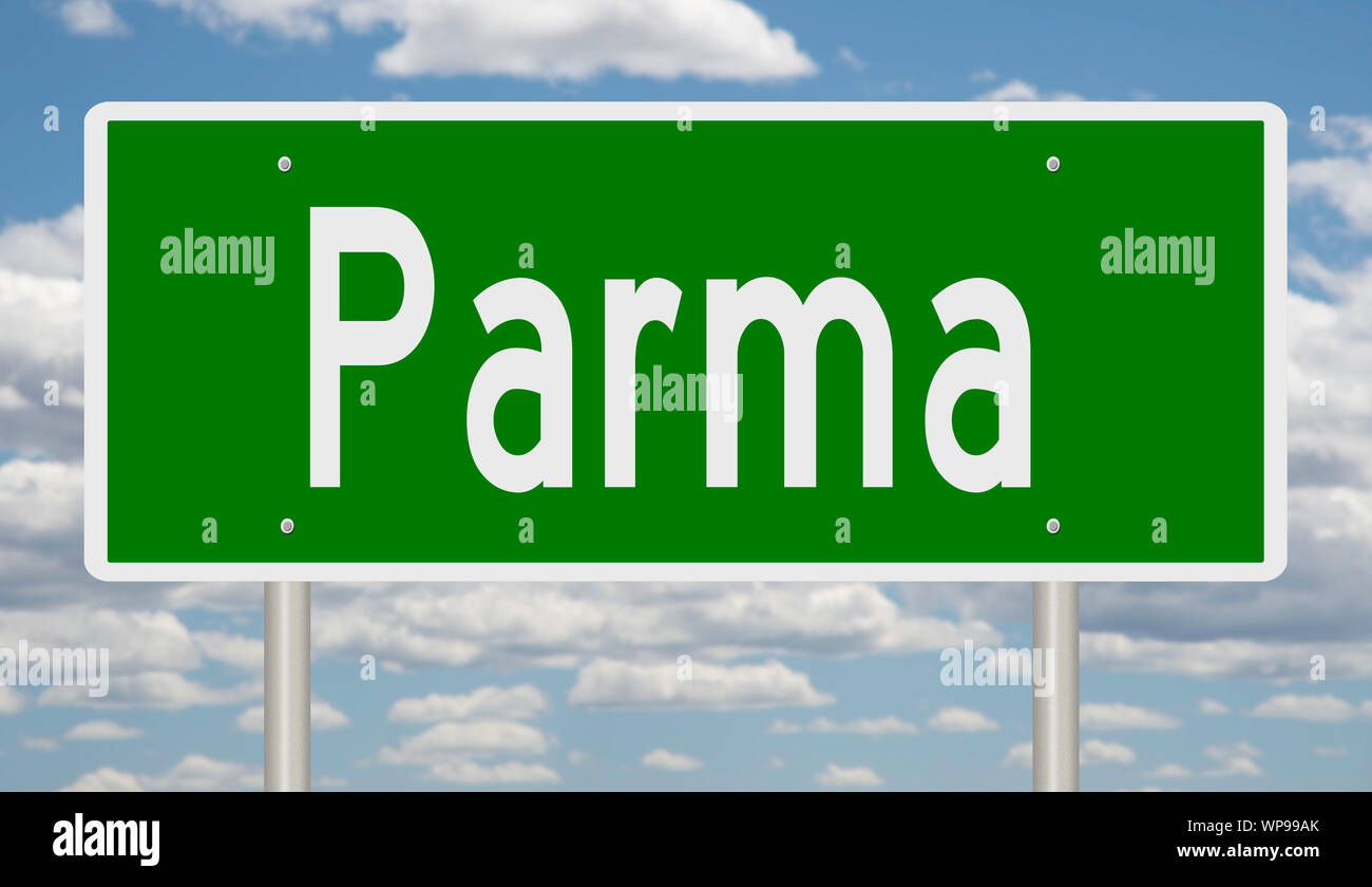 Rendering of a green highway sign for Parma Ohio Stock Photo - Alamy
