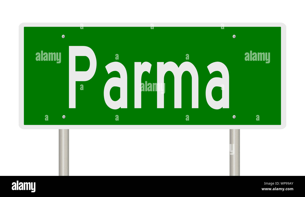 Rendering of a green highway sign for Parma Ohio Stock Photo - Alamy