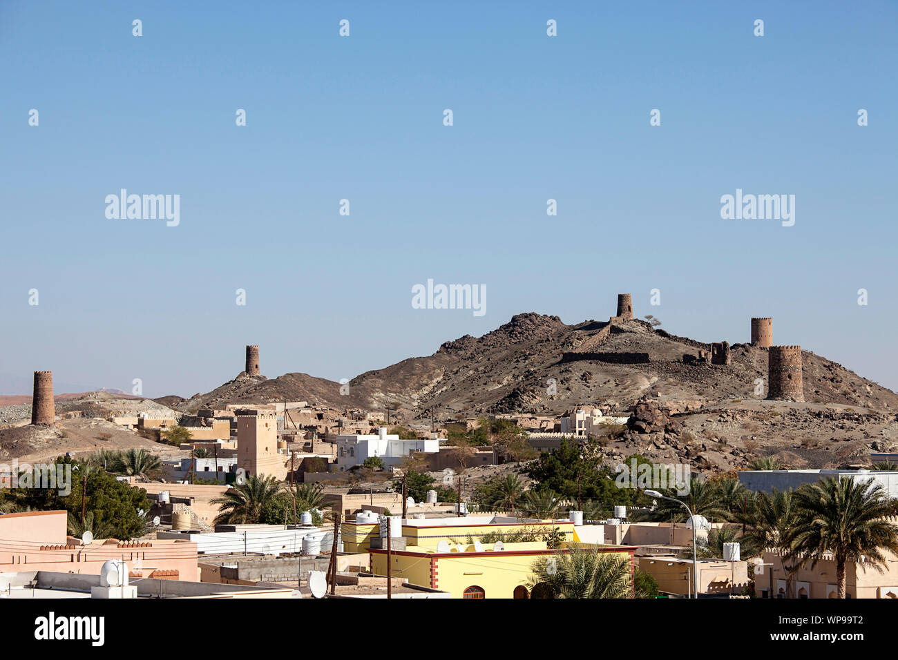 Watchtower and village Jabal Nakhal Al Batinah Region Sultanate of Oman ...