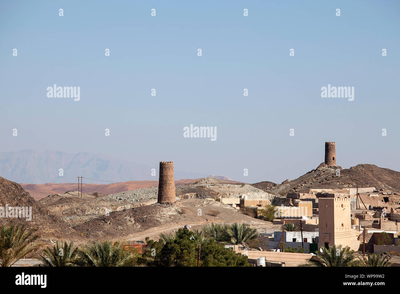 Watchtower and village Jabal Nakhal Al Batinah Region Sultanate of Oman ...