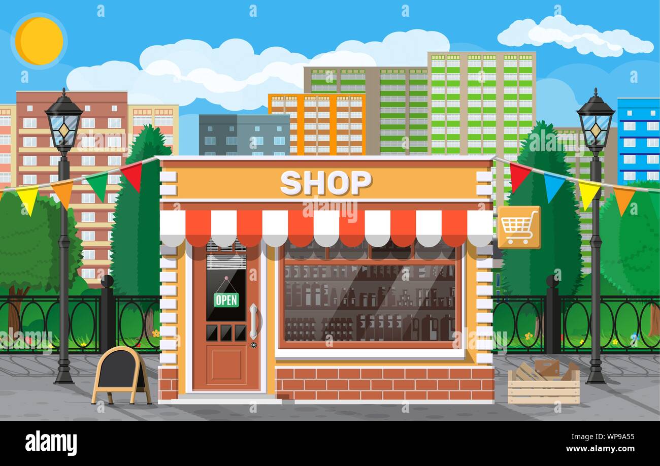 Empty store front with window and door. Glass showcase, small european ...