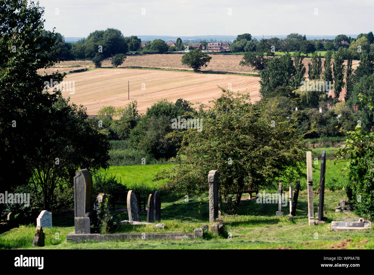 View from St. Laurence`s churchyard in summer, Meriden, West Midlands ...