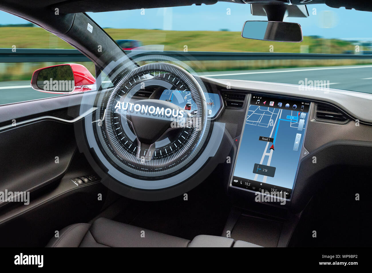 Self driving car on a road. Autonomous vehicle. Inside view Stock Photo ...