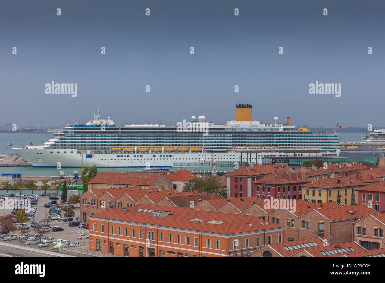 Aerial view of Venice cruise terminal with big ship moored, Italy Stock ...