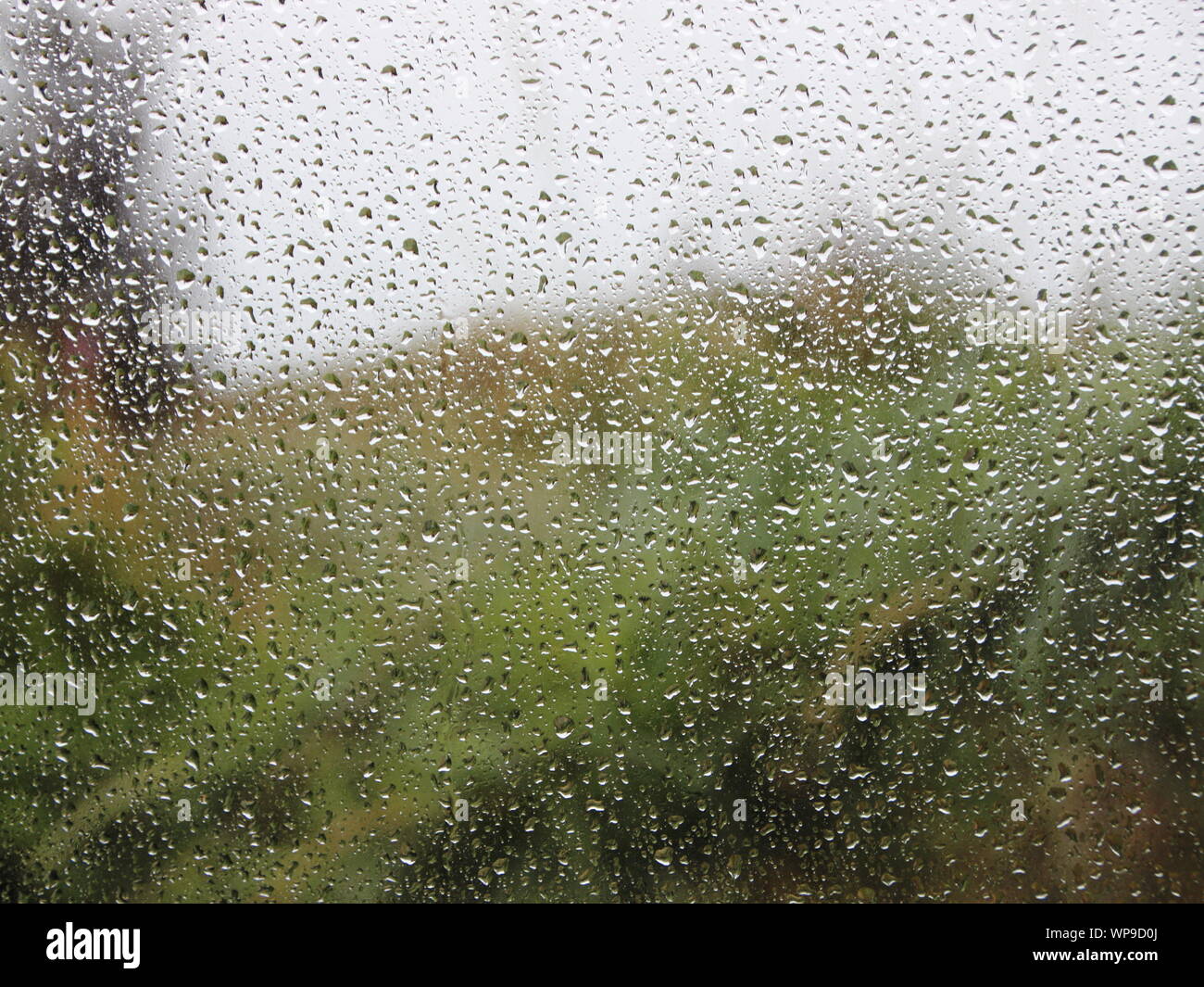 Closeup Raindrops on Window with Green Garden Background Stock Photo ...