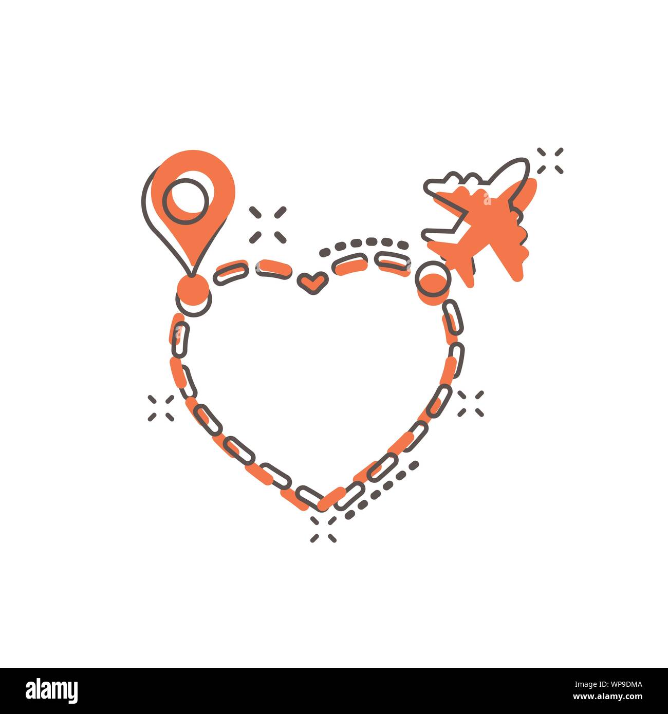 Love travel route icon in comic style. Airplane line path vector ...