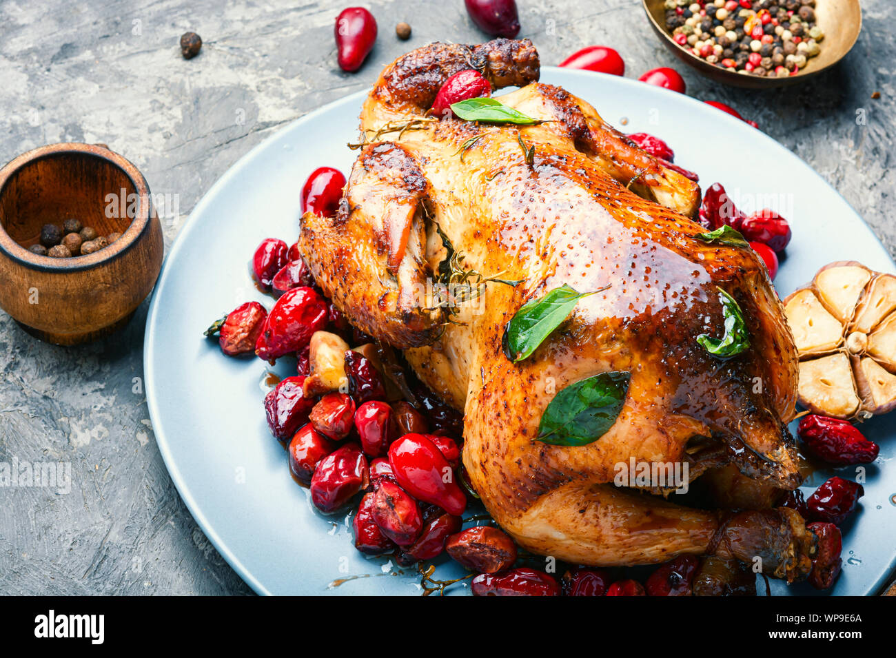 Homemade baked chicken with dogwood.Roast chicken in berry sauce Stock ...