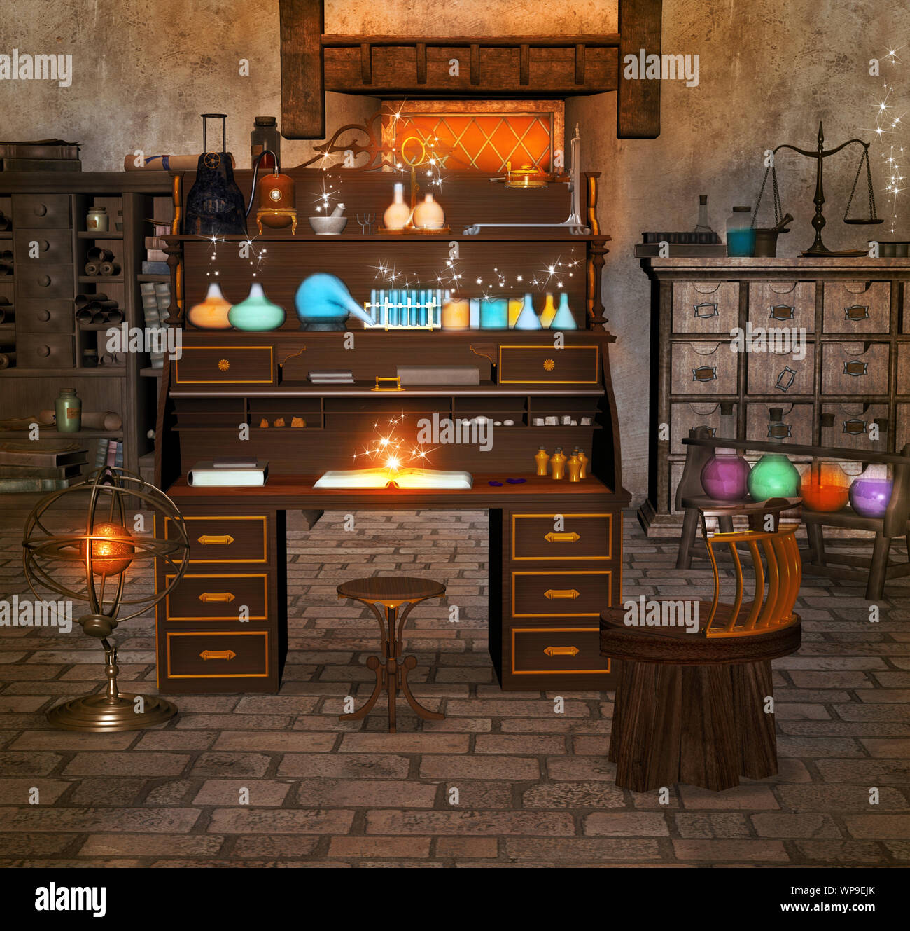Ancient wizard chamber with alchemy symbols, colorful potions and magic ...