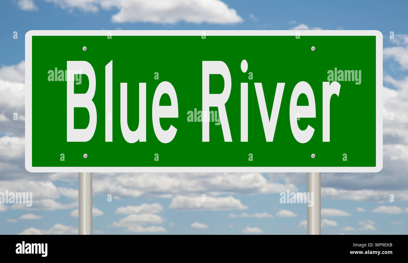 Rendering of a green highway sign for Blue River Stock Photo - Alamy